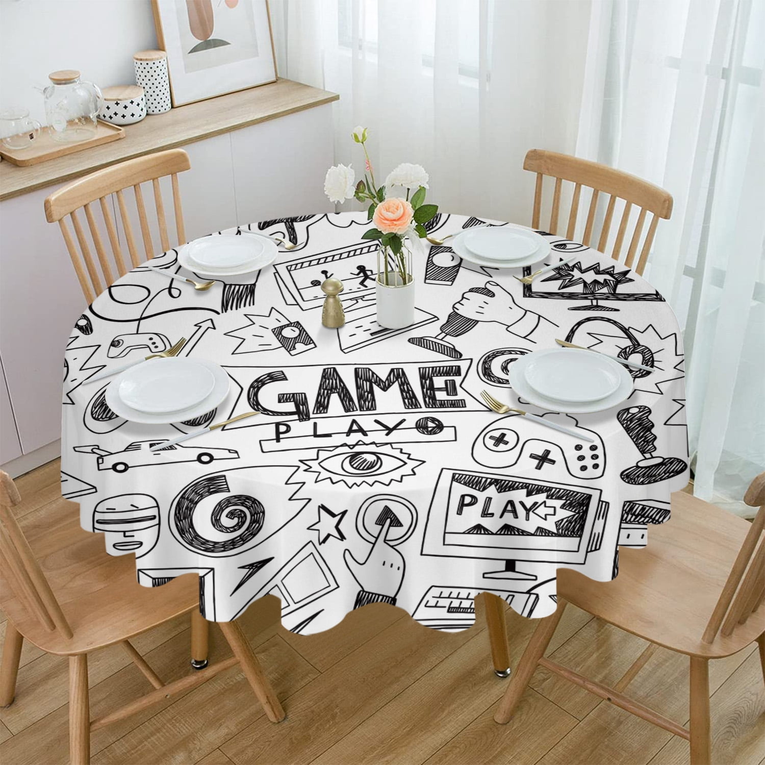 Play Game Black White Cartoon Graffiti Round Waterproof Tablecloth Home ...