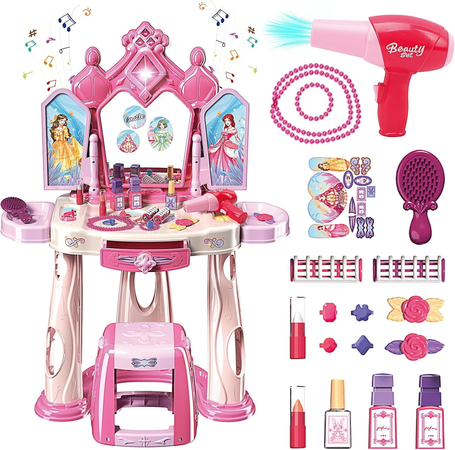 Play Girls Makeup Table Set with Stool，Open Doors by Gestures，Kids ...