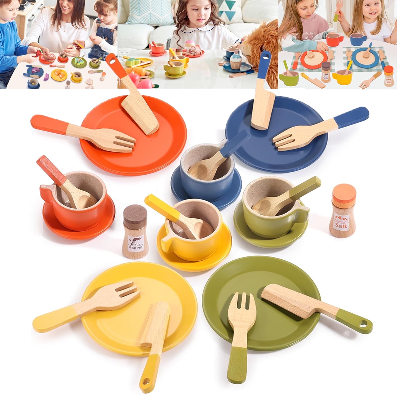 HQinX Wooden Play Food Sets for Kids Kitchen, with 4 plates, 4 saucers ...