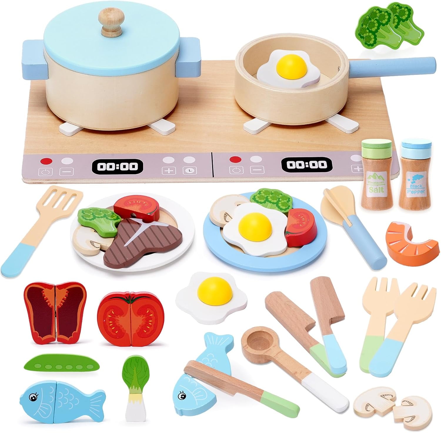 Play Kitchen Accessories, Wooden Play Cooking Set, Pretend Play Kitchen Set for Kids, Including ...