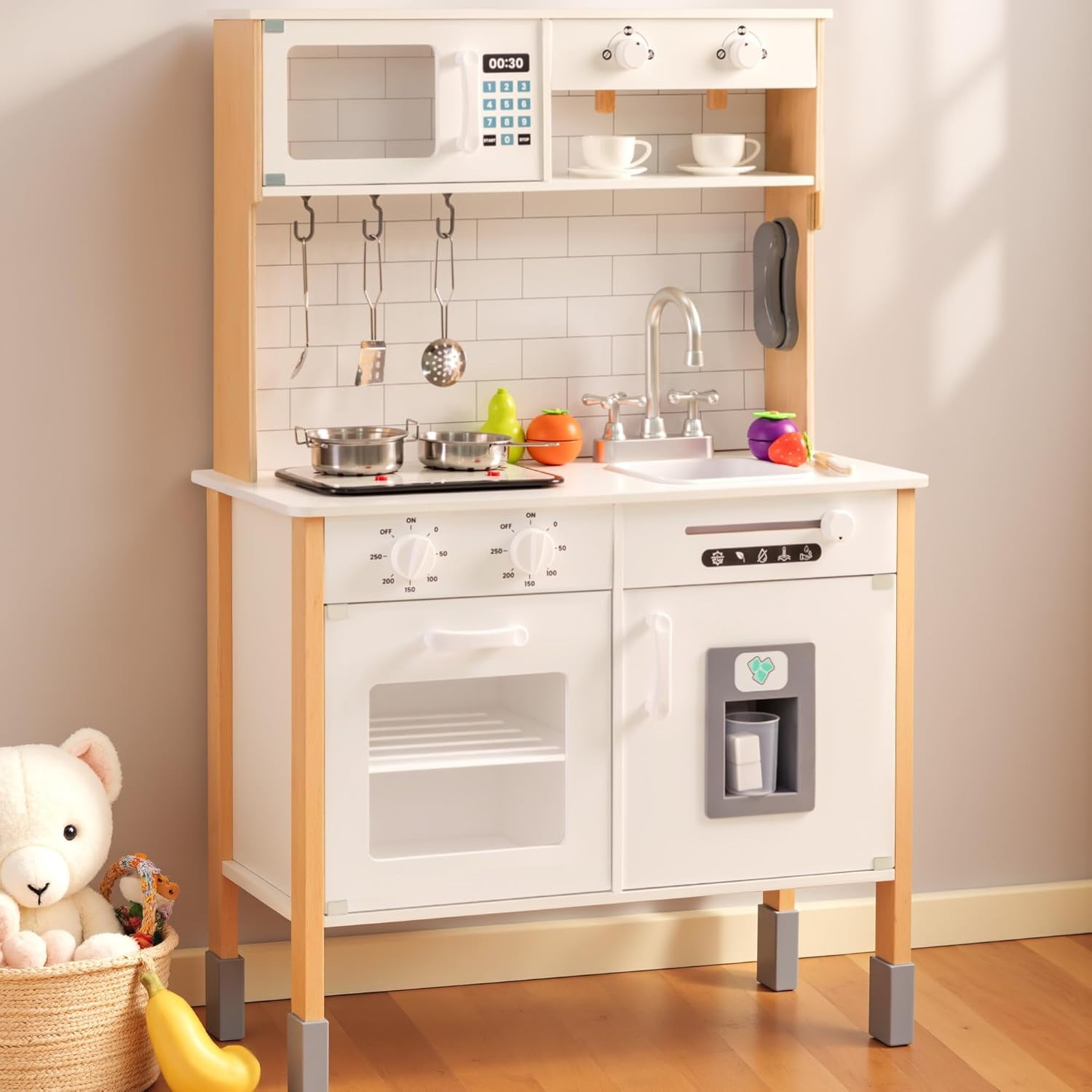 Play Kitchen for Kids Wooden Kitchen Toy Playset w/Light and Clicking ...