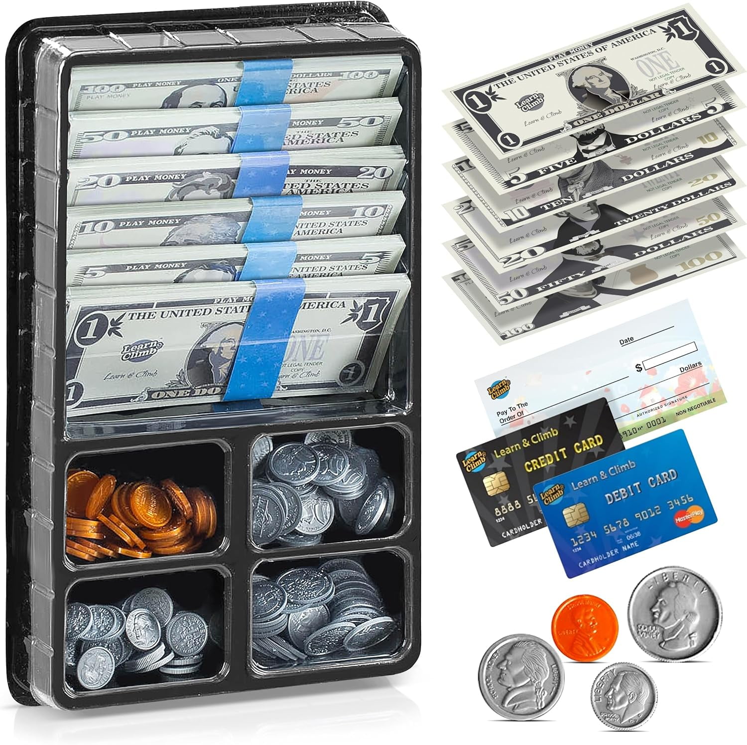 Kids' Realistic Pretend Play Money Set – Includes: Bills, Coins, Credit ...