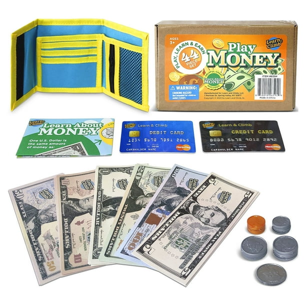 Play Money Wallet Set for Kids - Paper Bills, Coins, Wallet & Pretend ...