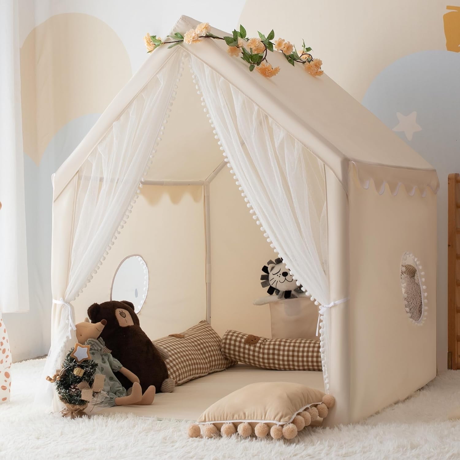 Play Tent with Padded Mat & Lights & Carry Bag & Flag, Large Playhouse ...