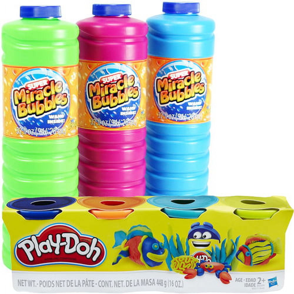 Play-doh 4-pack of Bright Colors + Super miracle bubbles 32 oz. bubbles ...