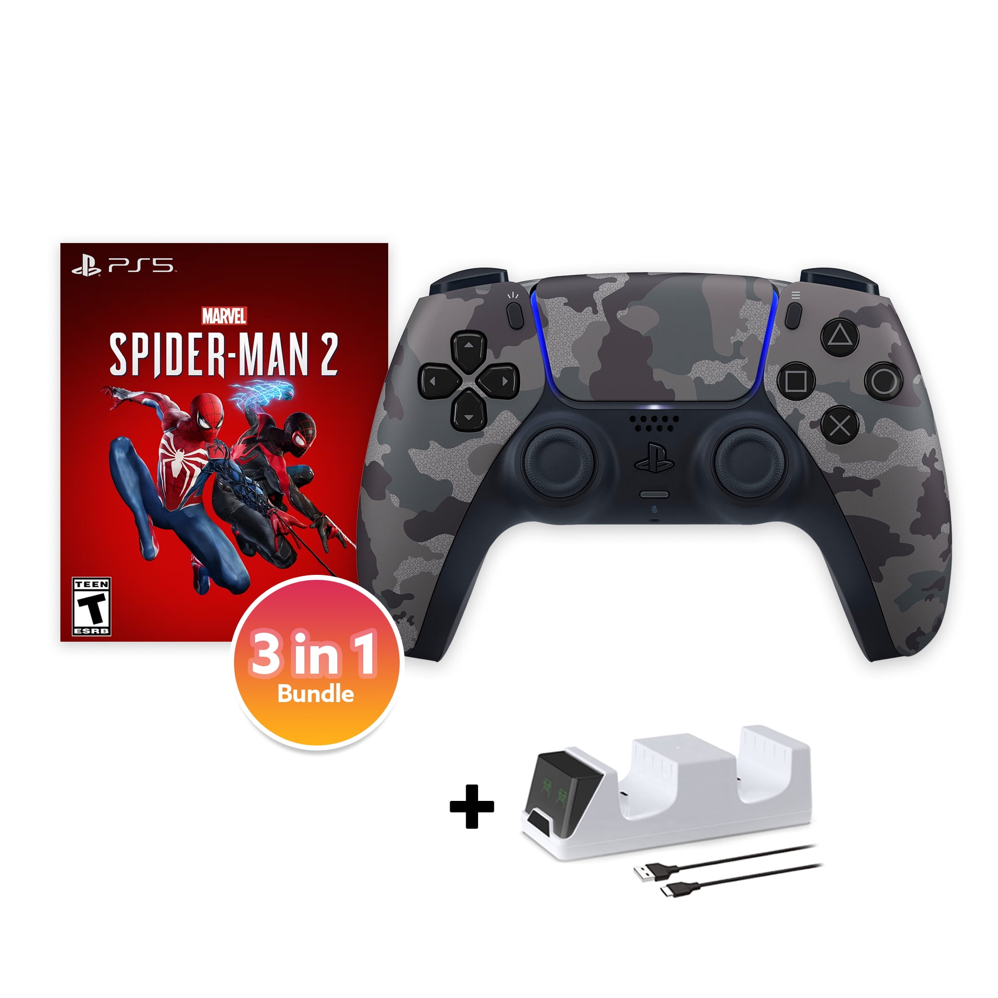 PS5 Gray Camo DualSense Controller, Spider-Man 2 & Mytrix Charger - 3 ...