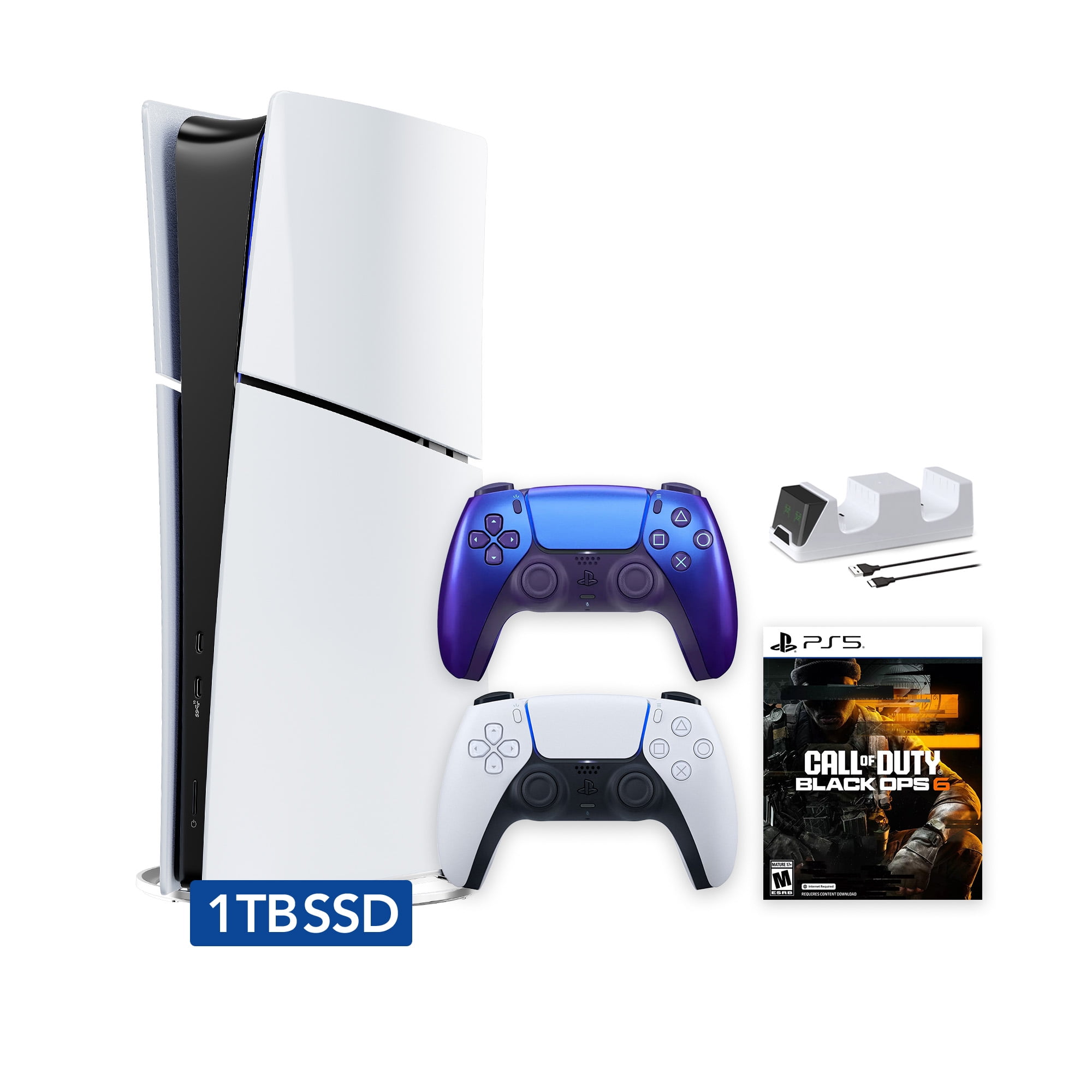 PlayStation 5 Slim Digital 1TB SSD Call of Duty Black Ops 6 Console with Two Controllers, White ...