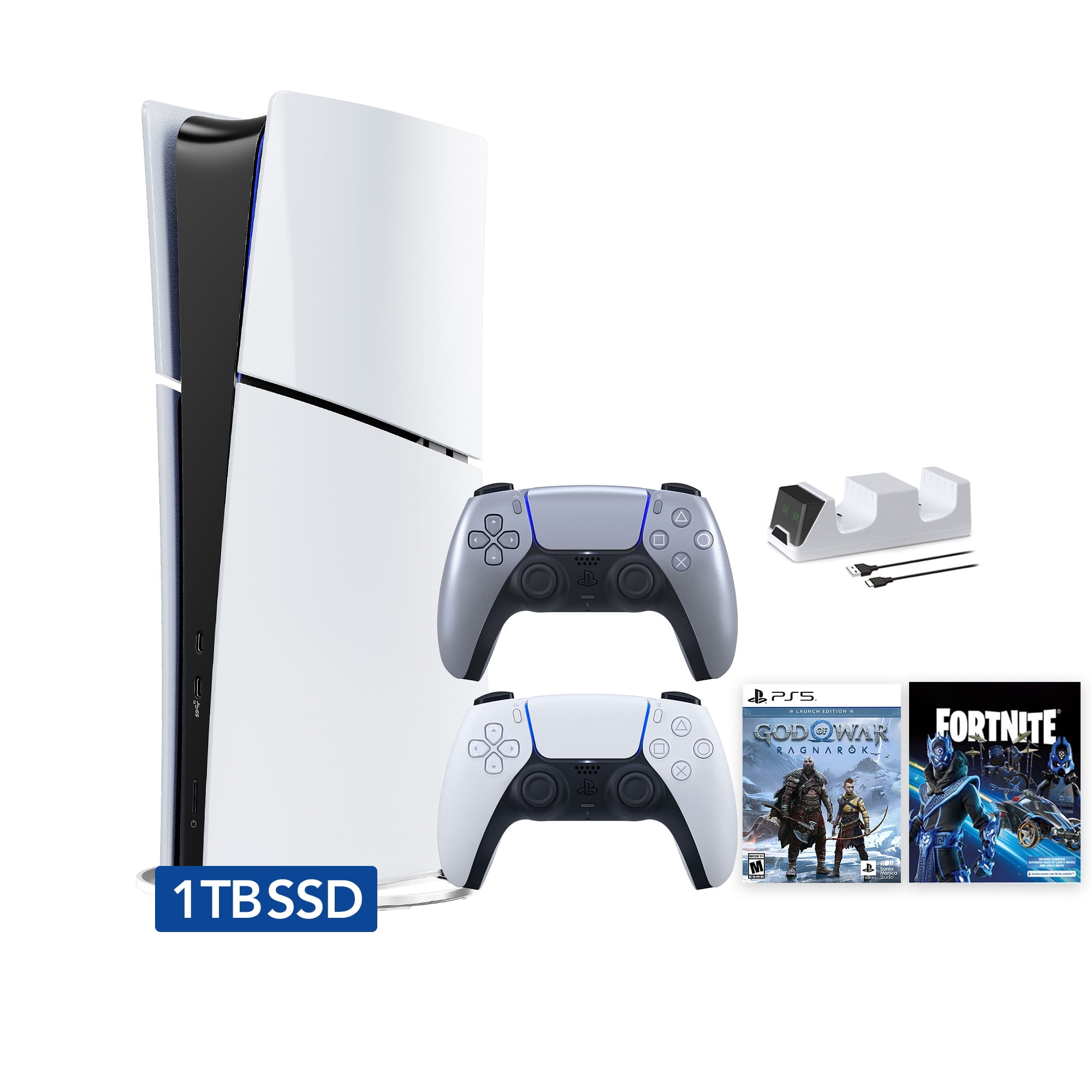 PlayStation 5 Slim Digital 1TB SSD Fortnite Cobalt Star Console Bundle with Two Controllers, God ...