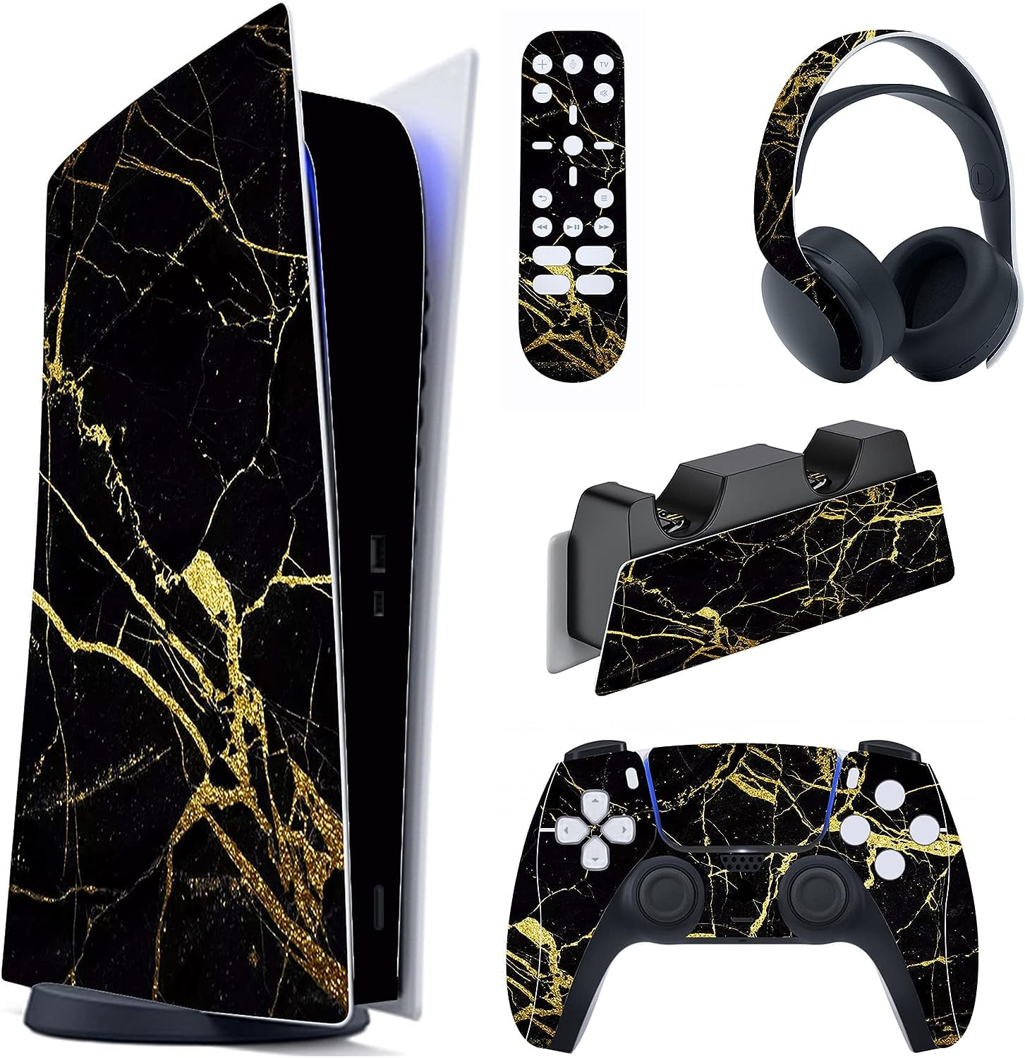 PlayVital Black & Gold Marble Effect Full Set Skin Decal for ps5 Console Digital Edition ...