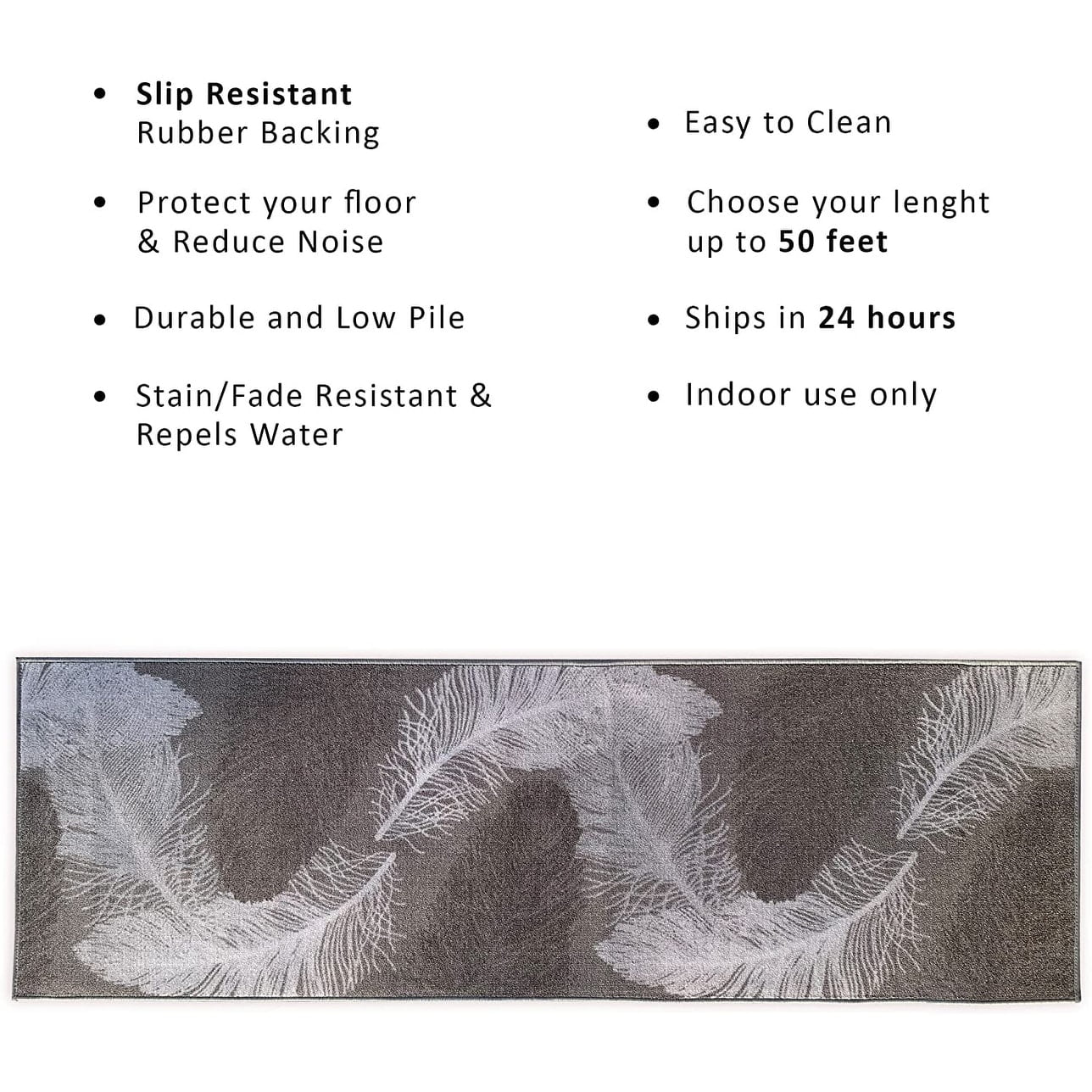 Playa Rug Custom Size Feather Design 26 Inch Wide Non-Slip Stair Runner Rug 30 Feet - Gray ...