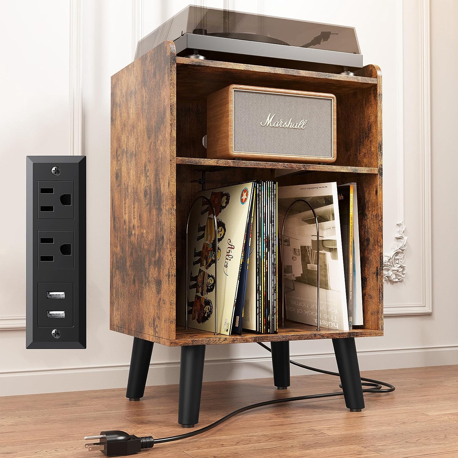 Player Stand, Turntable Stand with Storage and Charging Station & USB ...