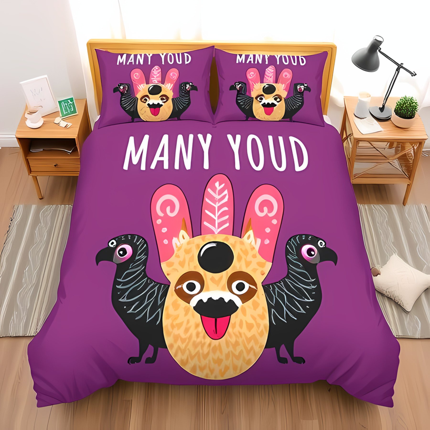 Playful 3-Piece Purple Duvet Cover Set with Creatures & "MANY YOUD ...