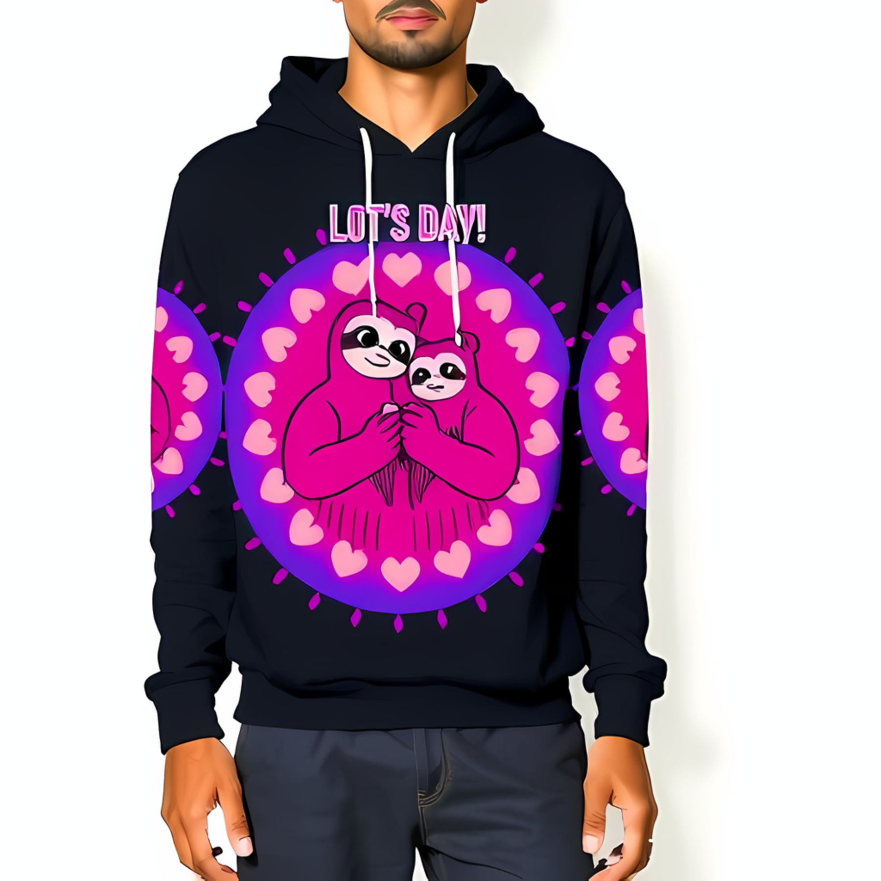 Playful 3D Sloth Hoodie for Men - Cute Sloths Holding Hands with Hearts ...