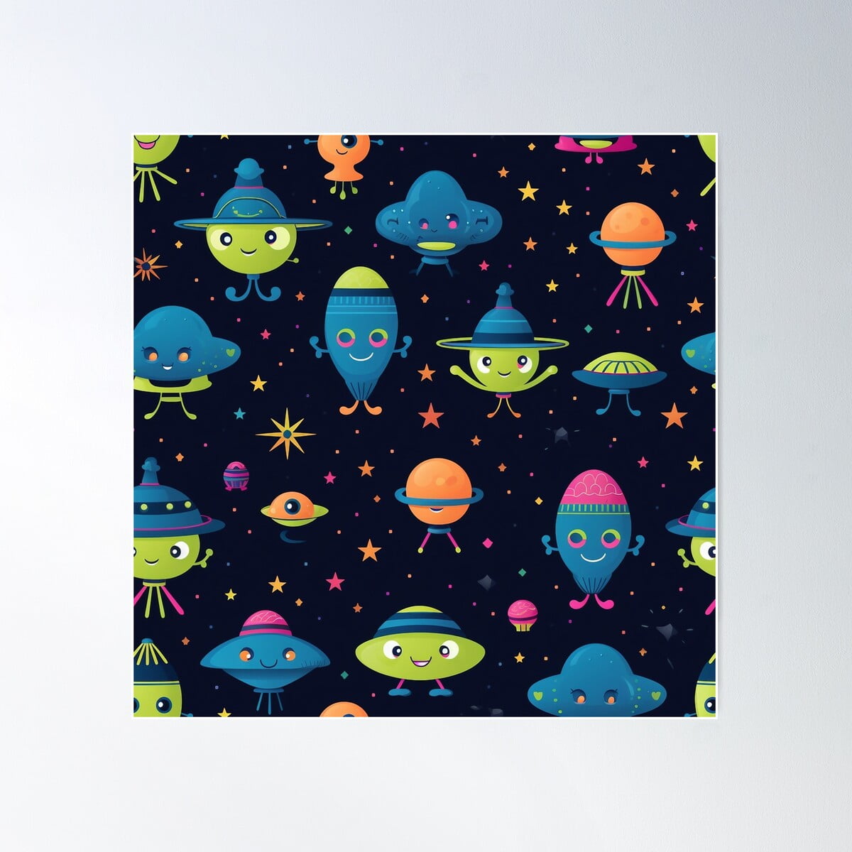 Playful Alien Friends And Colorful Ufo Party Poster Wall Art, Modern ...