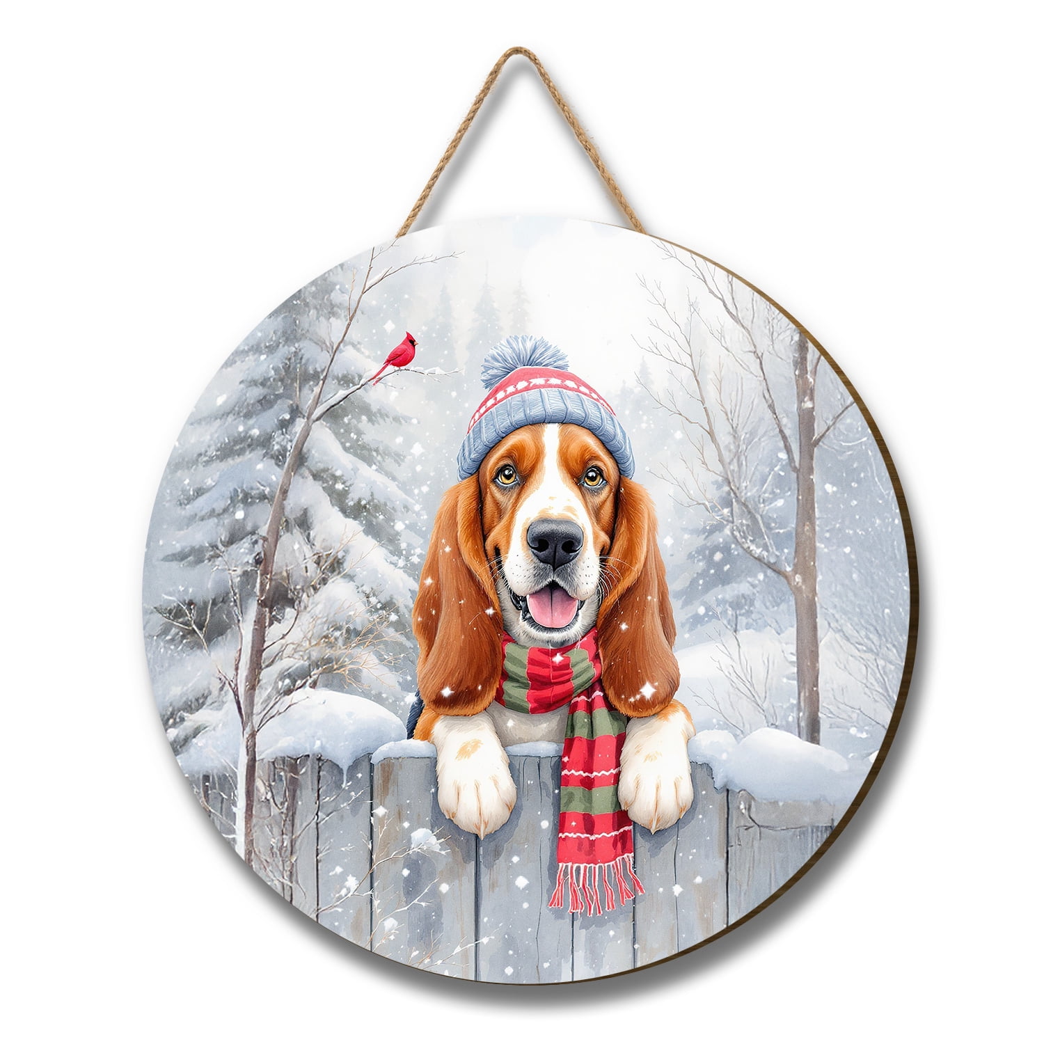 Playful Basset Hound Welcomes Winter Snowy Day with Cardinal Bird Round ...
