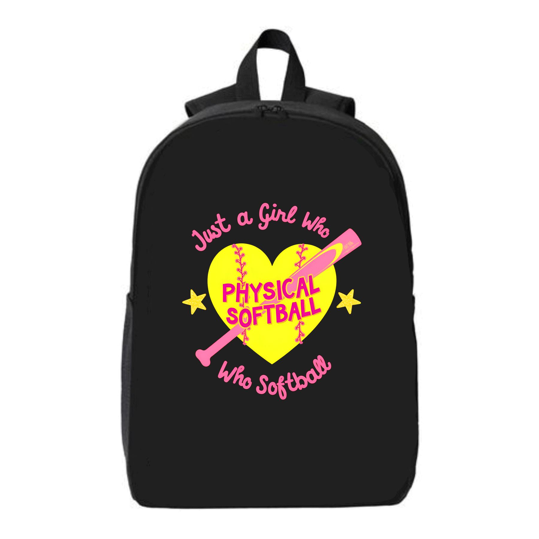 Playful Black Backpack with Yellow Heart Pink Softball & Bat Design ...