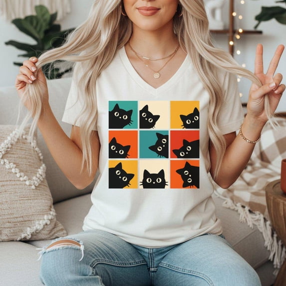 Playful Black Cat Silhouette Shirt Whimsical Pet Lover Design Colorful ...