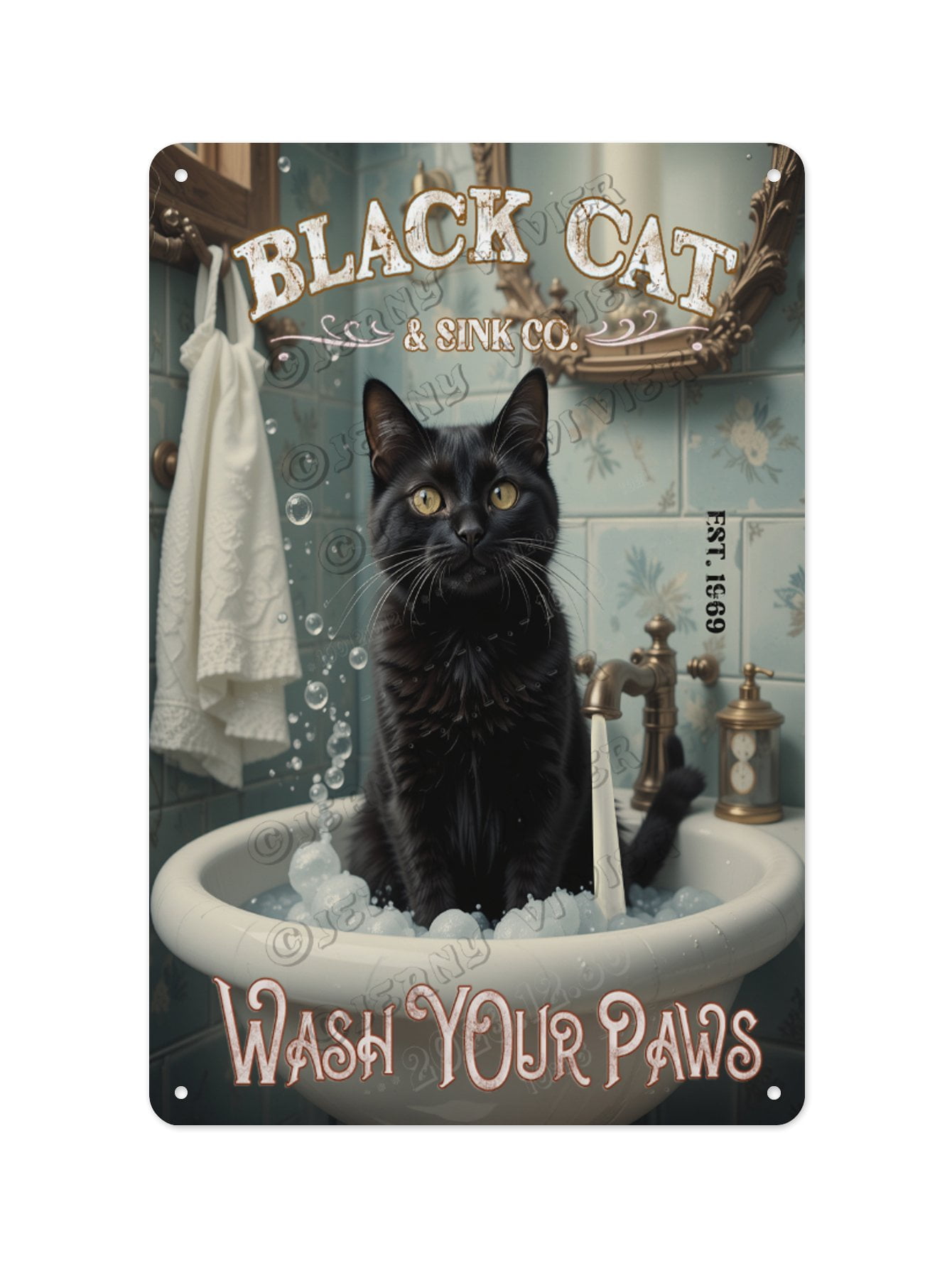 Playful Black Cat Sink Co. Wash Your Paws Aluminum Metal Sign 8 x 12 ...