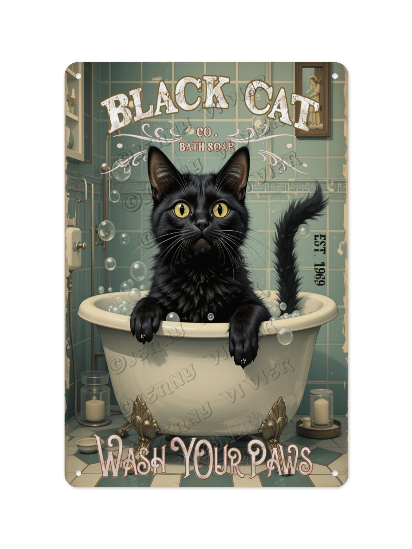 Playful Black Cat Wash Your Paws Aluminum Sign 5.5 x 8 Inches - Fun ...