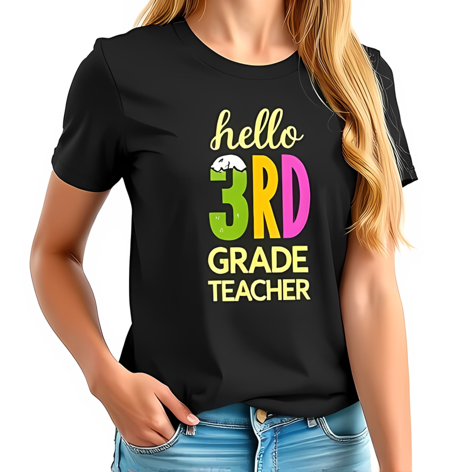 Playful Black Cotton Short Sleeve T-Shirt for Teachers - " Hello 3RD ...