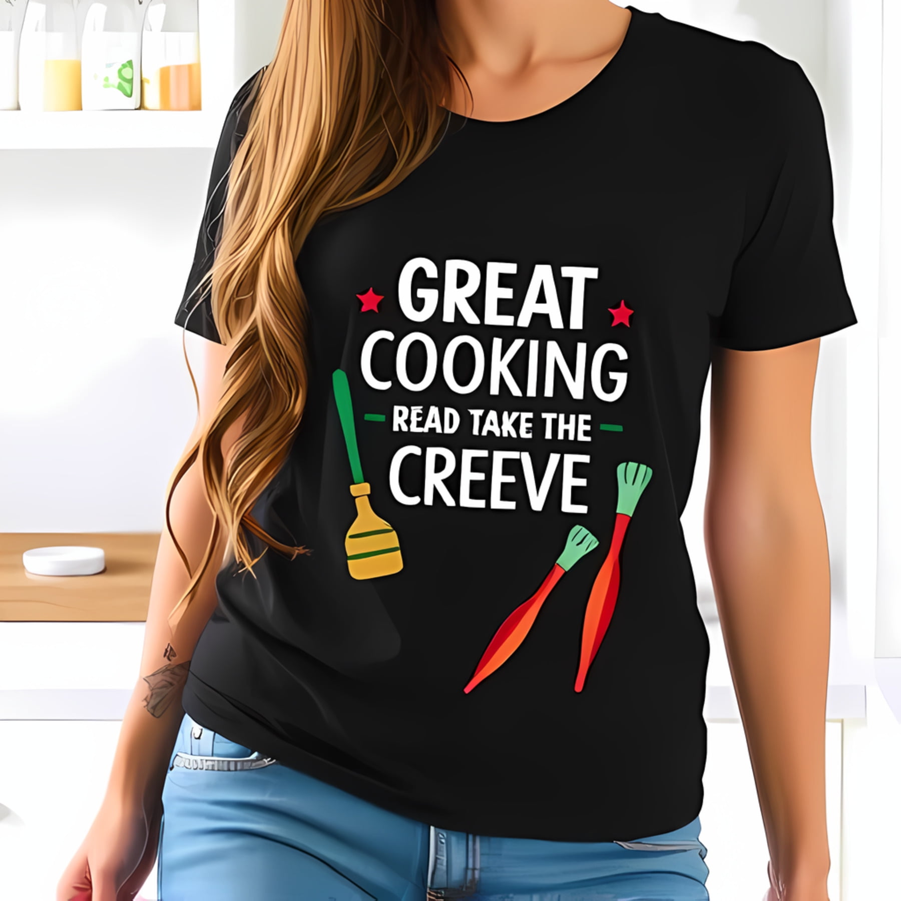 Playful Black Cotton Short Sleeve T-Shirt with 'GREAT COOKING -READ ...