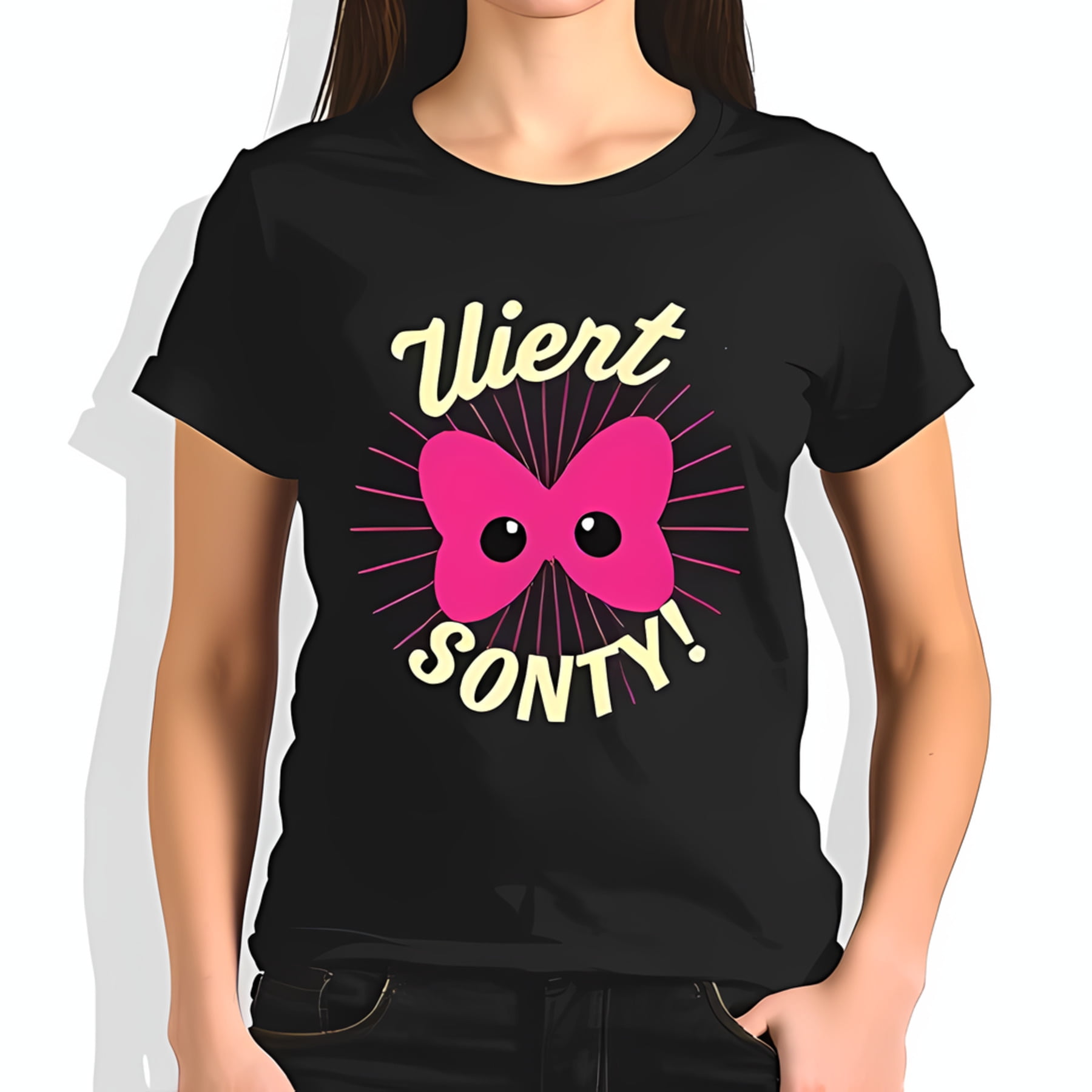 Playful Black Cotton Short Sleeve T-Shirt with Pink Bow Tie Design and ...