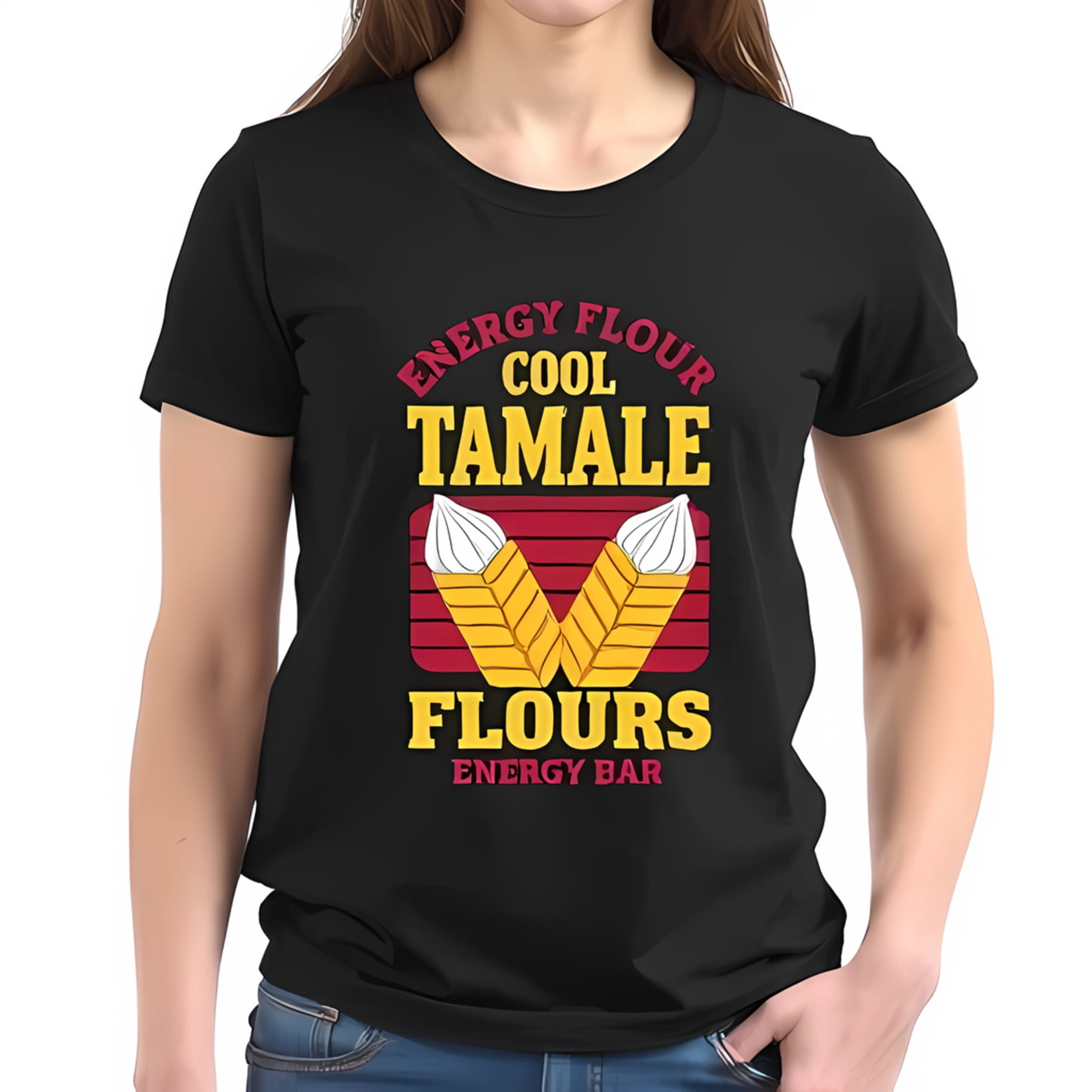 Playful Black Cotton Short Sleeve T-Shirt with Retro Tamale Energy Bar ...