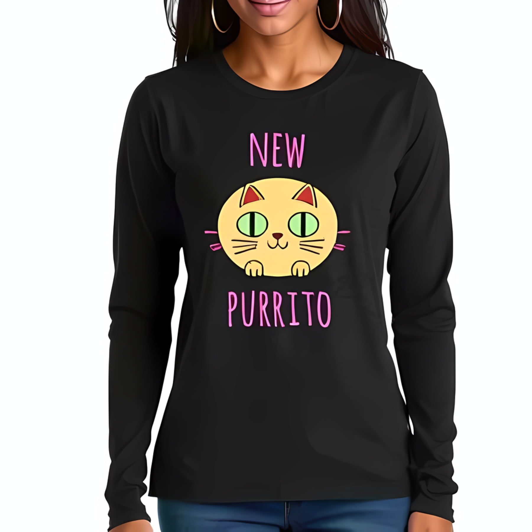 Playful Black Long Sleeve T-Shirt with Cartoon Cat Graphic 'NEW PURRITO ...