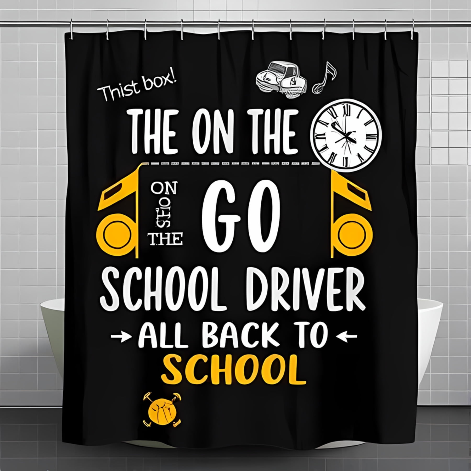 Playful Black Shower Curtain for School Bus Drivers - 'On The Go School ...