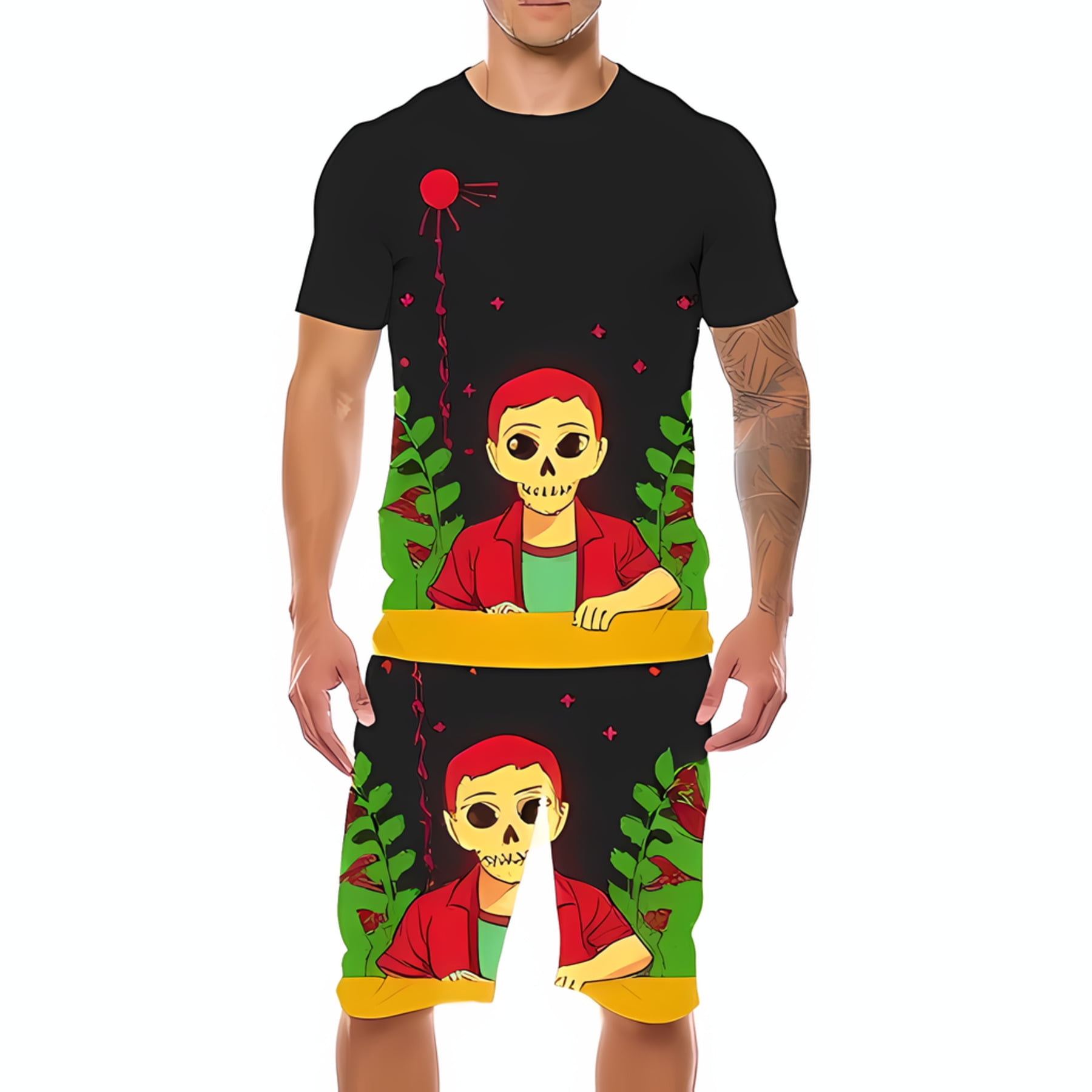 Playful Black T-Shirt & Shorts Set with Cartoonish Red - Haired Boy ...