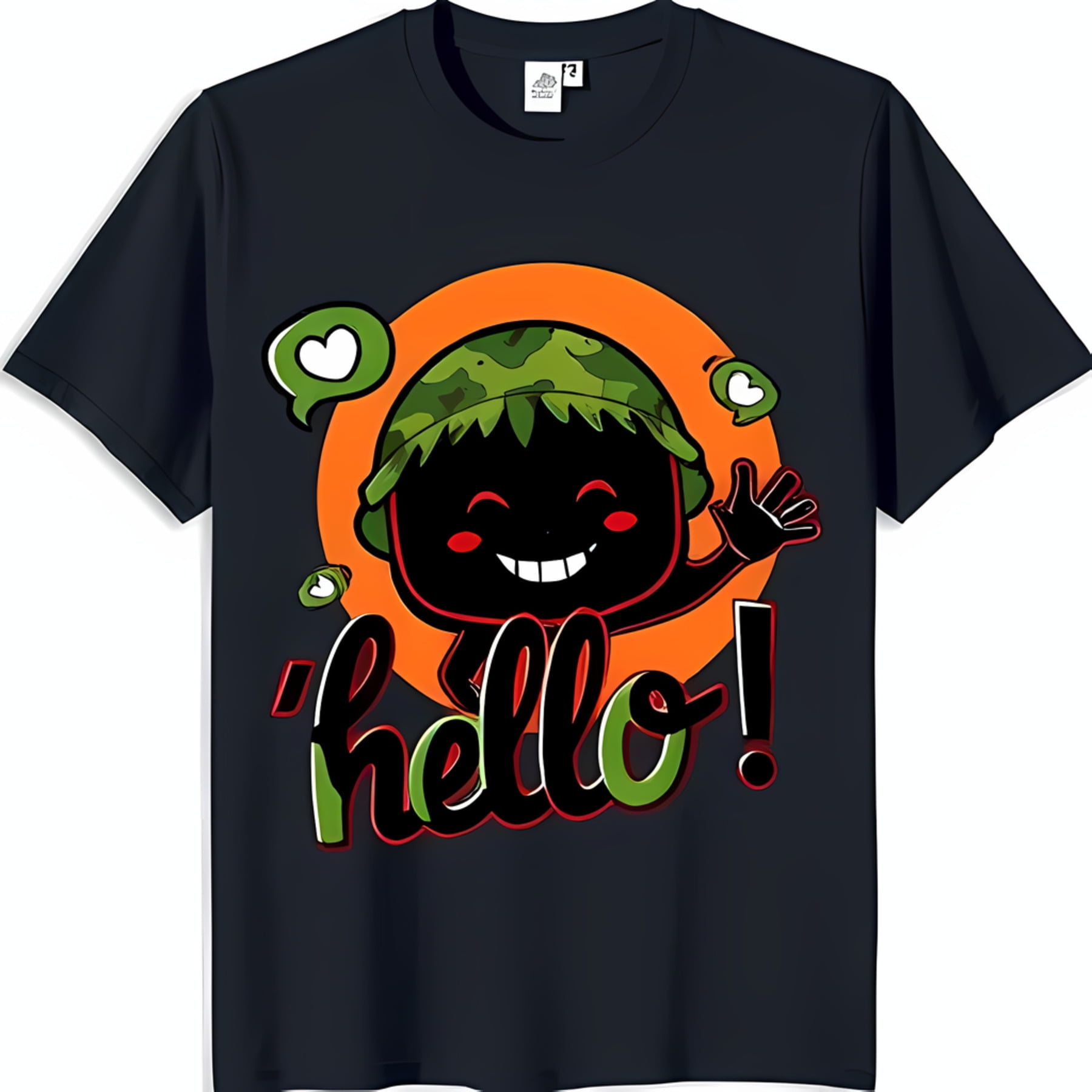Playful Black T-Shirt with Friendly Cartoon Character & Colorful 'Hello ...