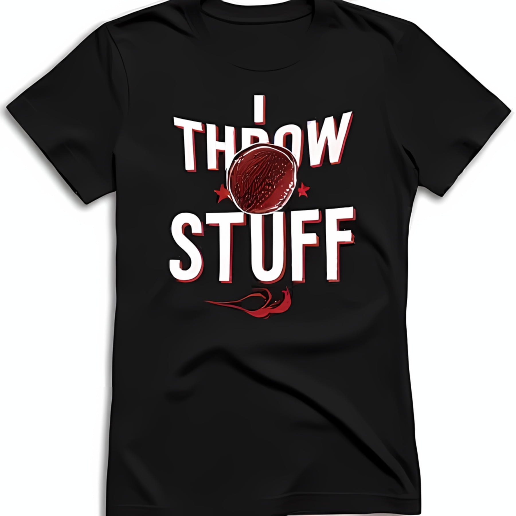 Playful Black T-Shirt with Red Ball Graphic & 'I THROW STUFF' Text ...