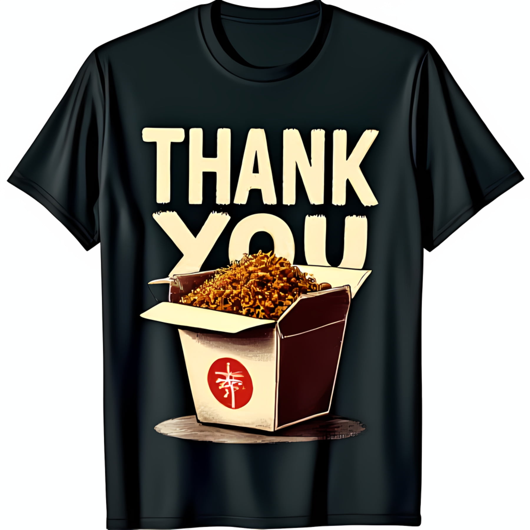 Playful Black T-Shirt with 'Thank You' and Cartoon Noodle Takeout Box ...