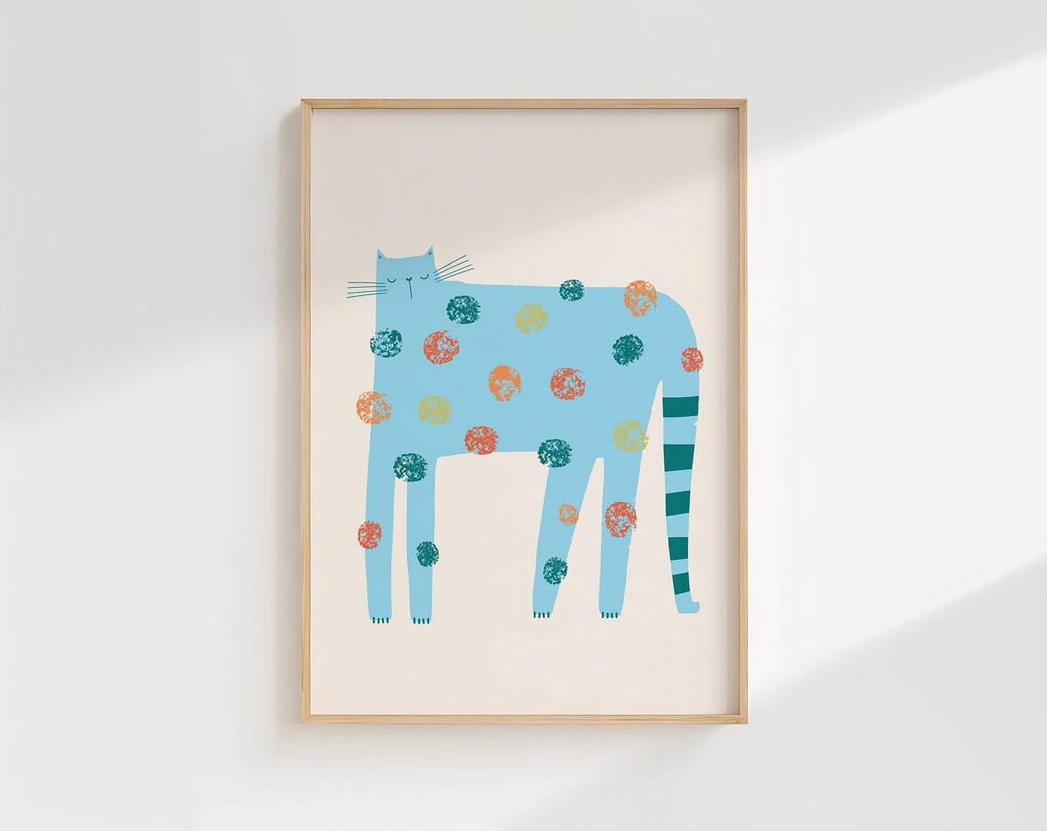 Playful Blue Cat Print For Kids - Whimsical Polka Dot Wall Art For ...
