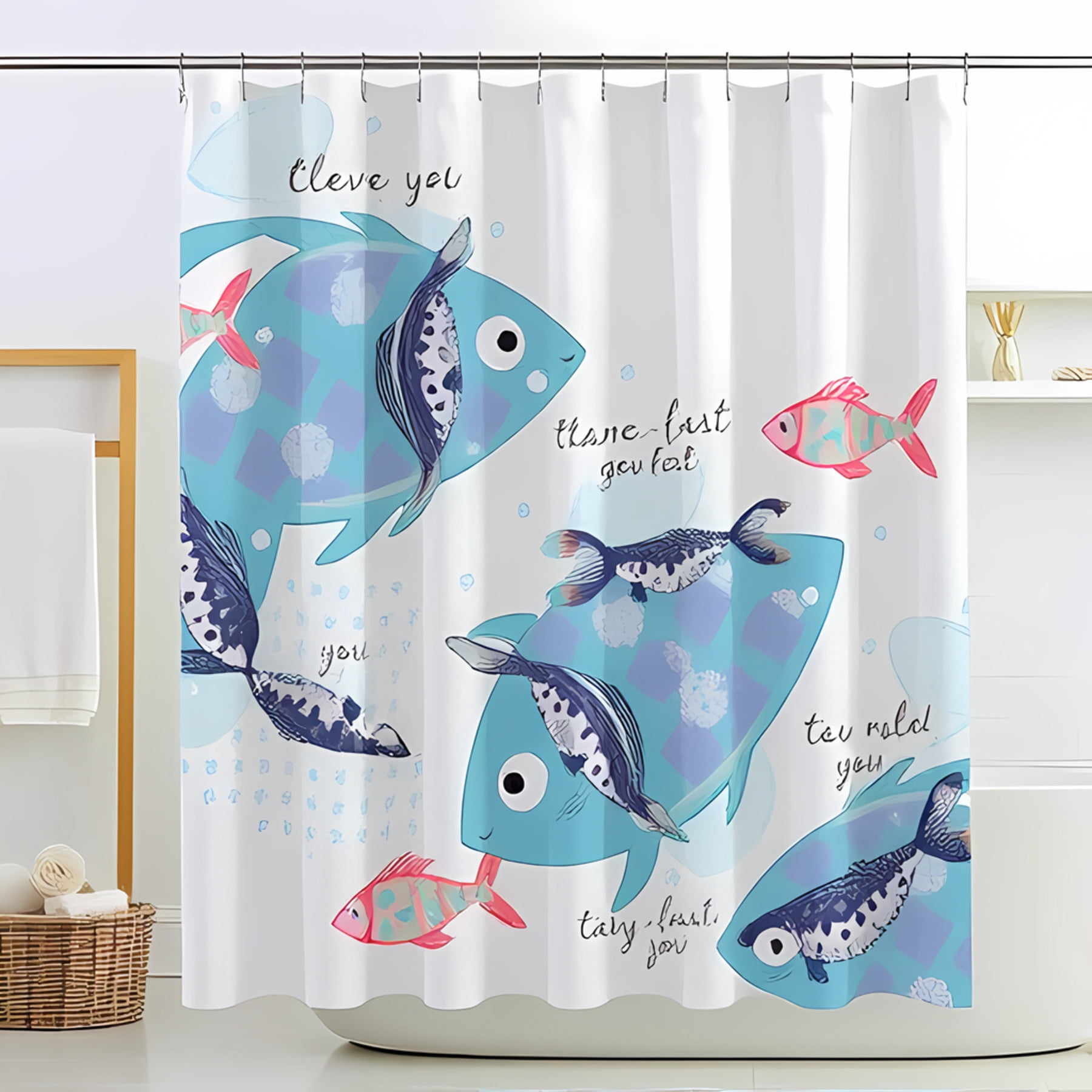 Playful Blue Fish Shower Curtain with White Patterns - Design for ...