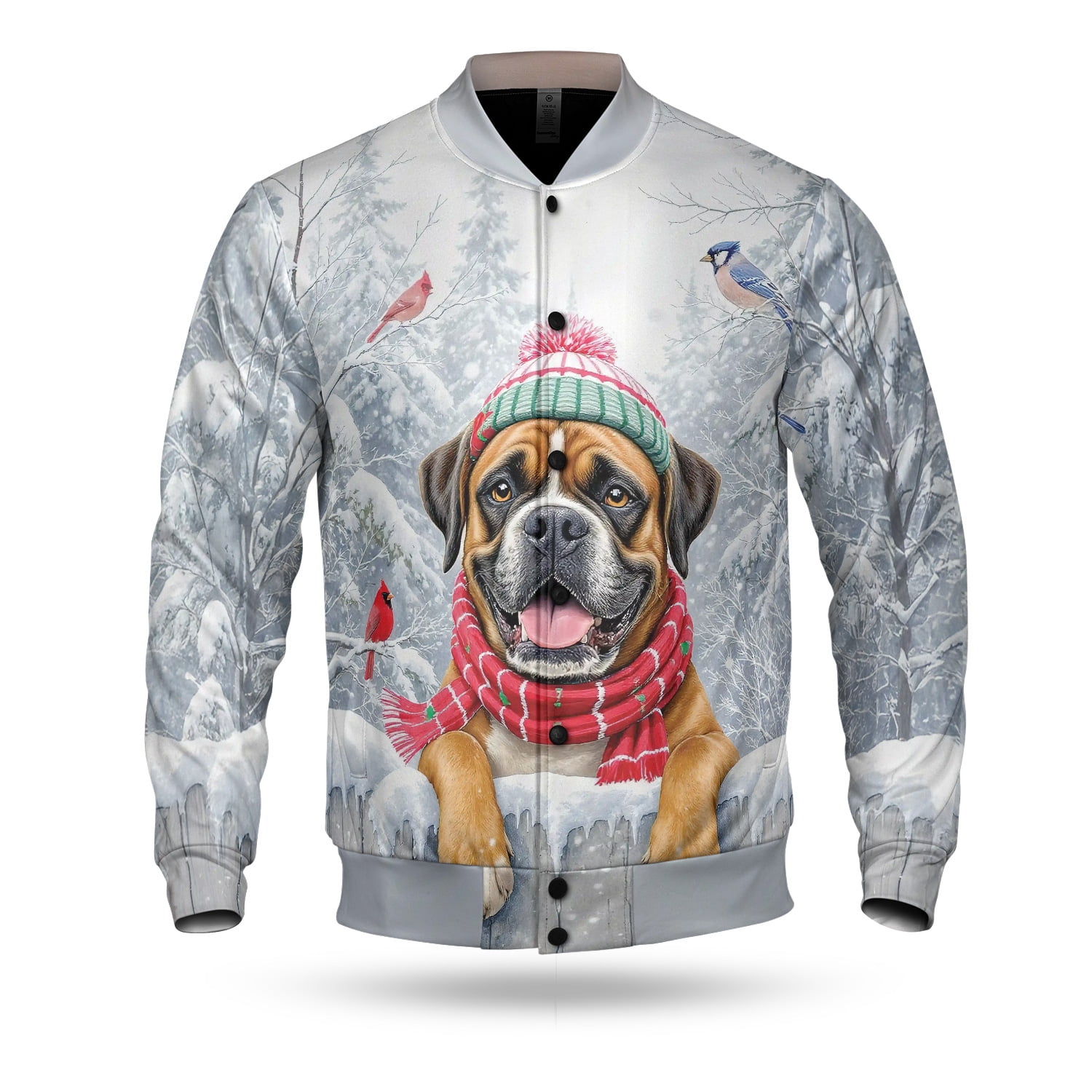 Playful Boxer Welcomes Winter Snowy Day with Cardinal Bird All Over ...