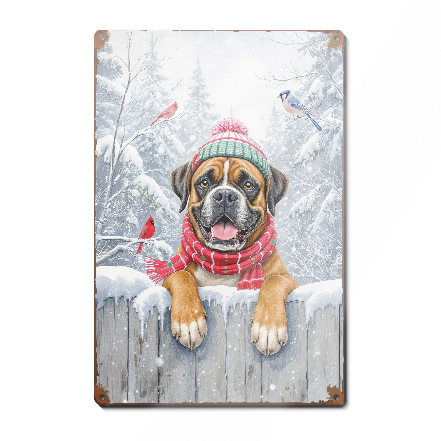 Playful Boxer Welcomes Winter Snowy Day with Cardinal Bird Vertical ...