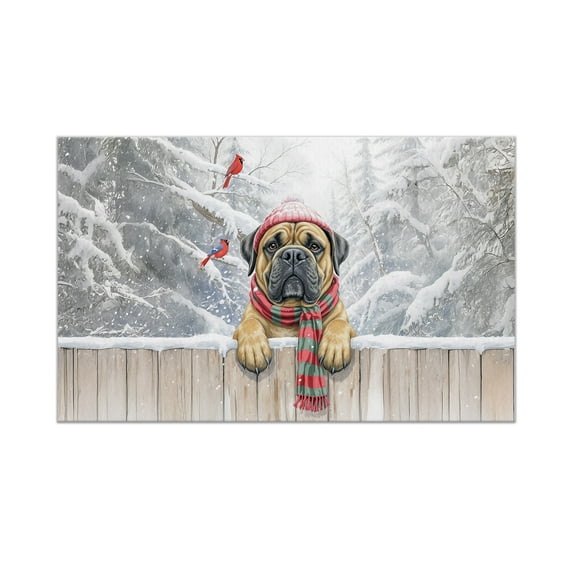 Playful Bullmastiff Welcomes Winter Snowy Day with Cardinal Bird ...