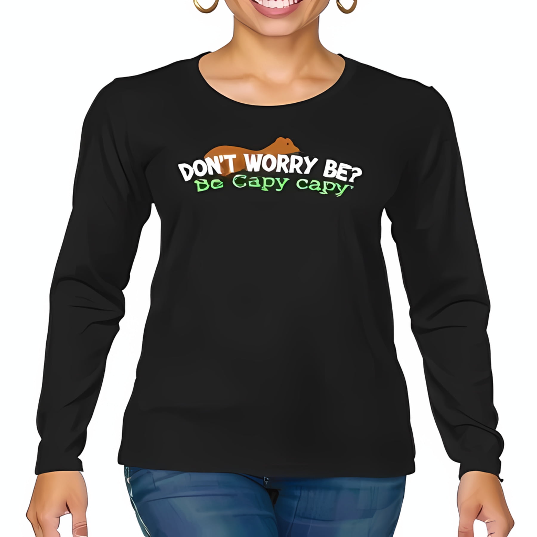 Playful Capybara Graphic Long Sleeve T-Shirt - Relaxed Fit Casual Wear ...