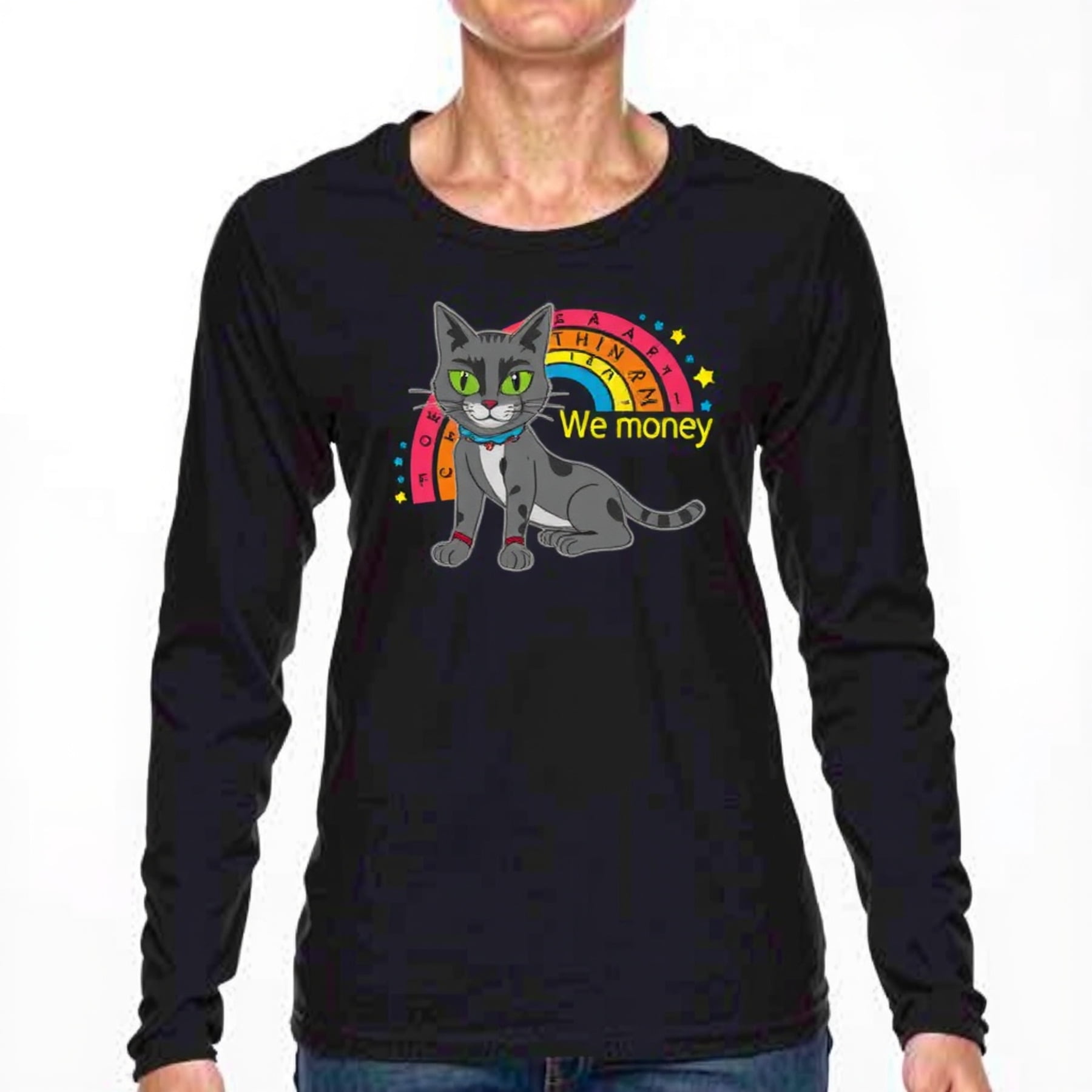 Playful Cartoon Cat Long Sleeve T-Shirt with Colorful 'We Money' Design ...