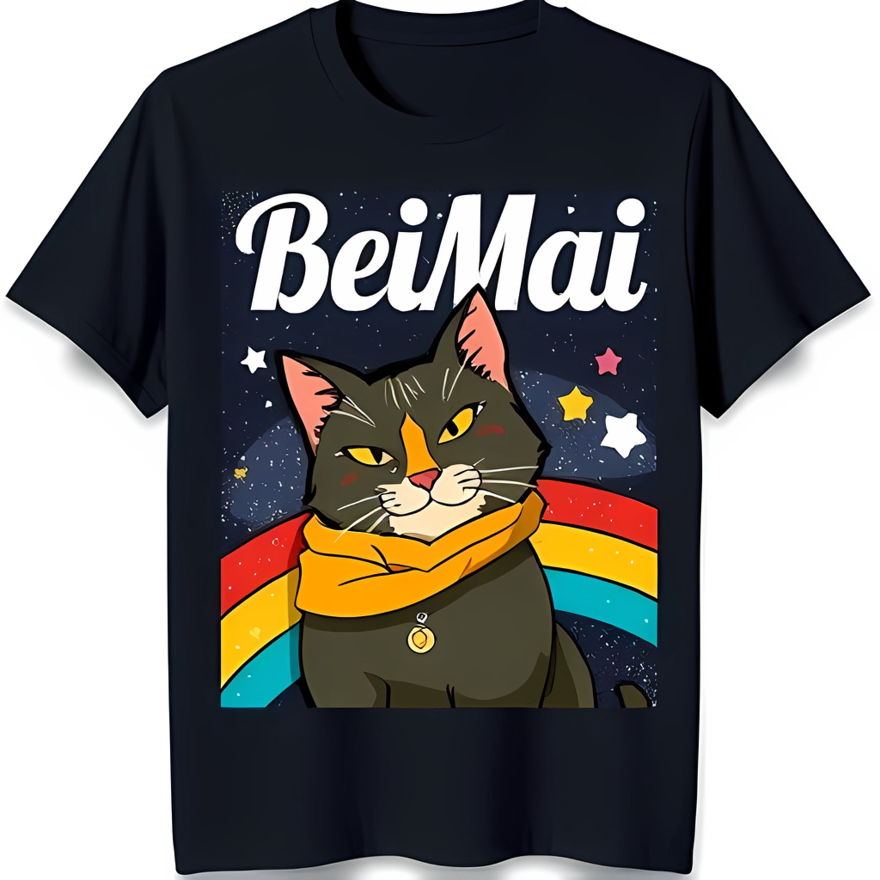 Playful Cartoon Cat T-Shirt Black Tee with Colorful Rainbow & Stars ...