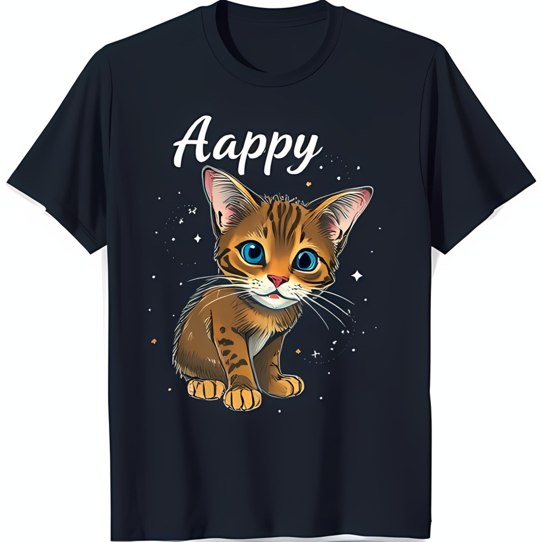 Playful Cartoon Cat T-Shirt Blue with Starry Background & 'Aappy' Text ...