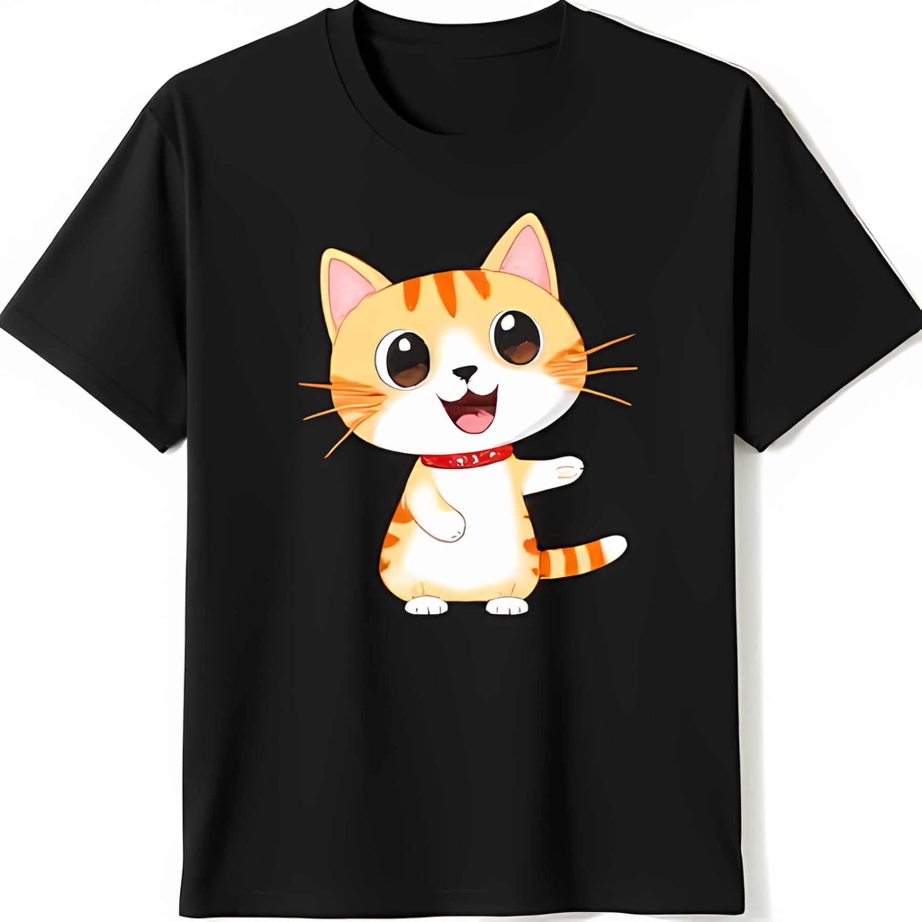 Playful Cartoon Cat T-Shirt & White on Black Tee with Red Collar ...