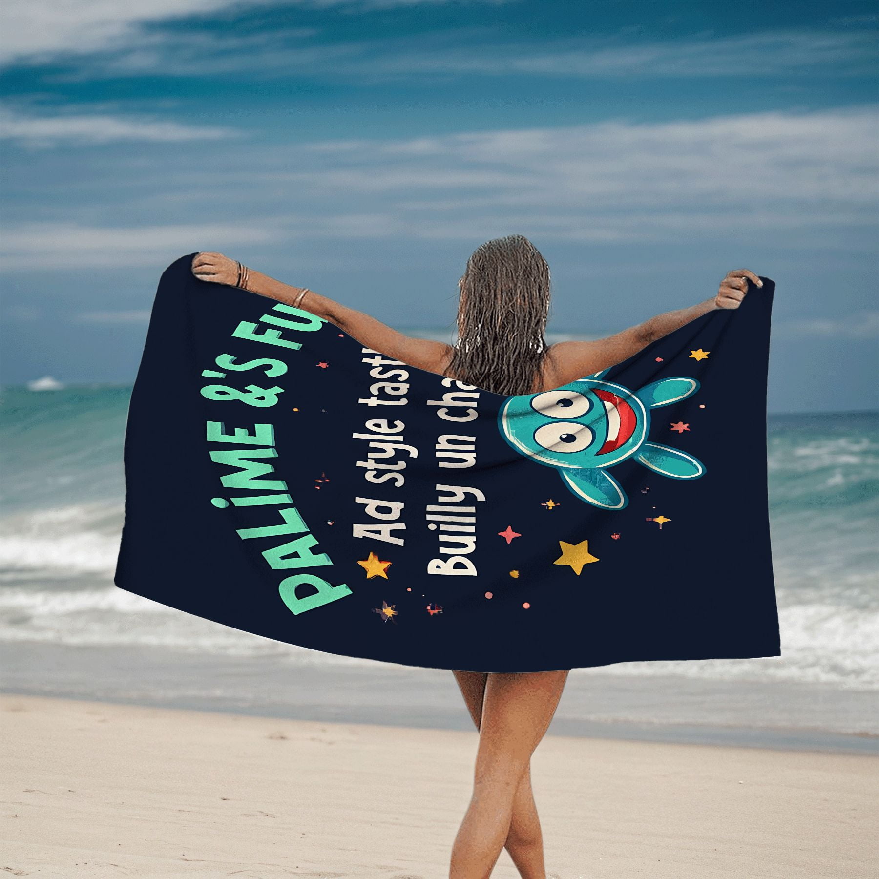 Playful Cartoon Creature Beach Towel - Green Smiling Character with ...