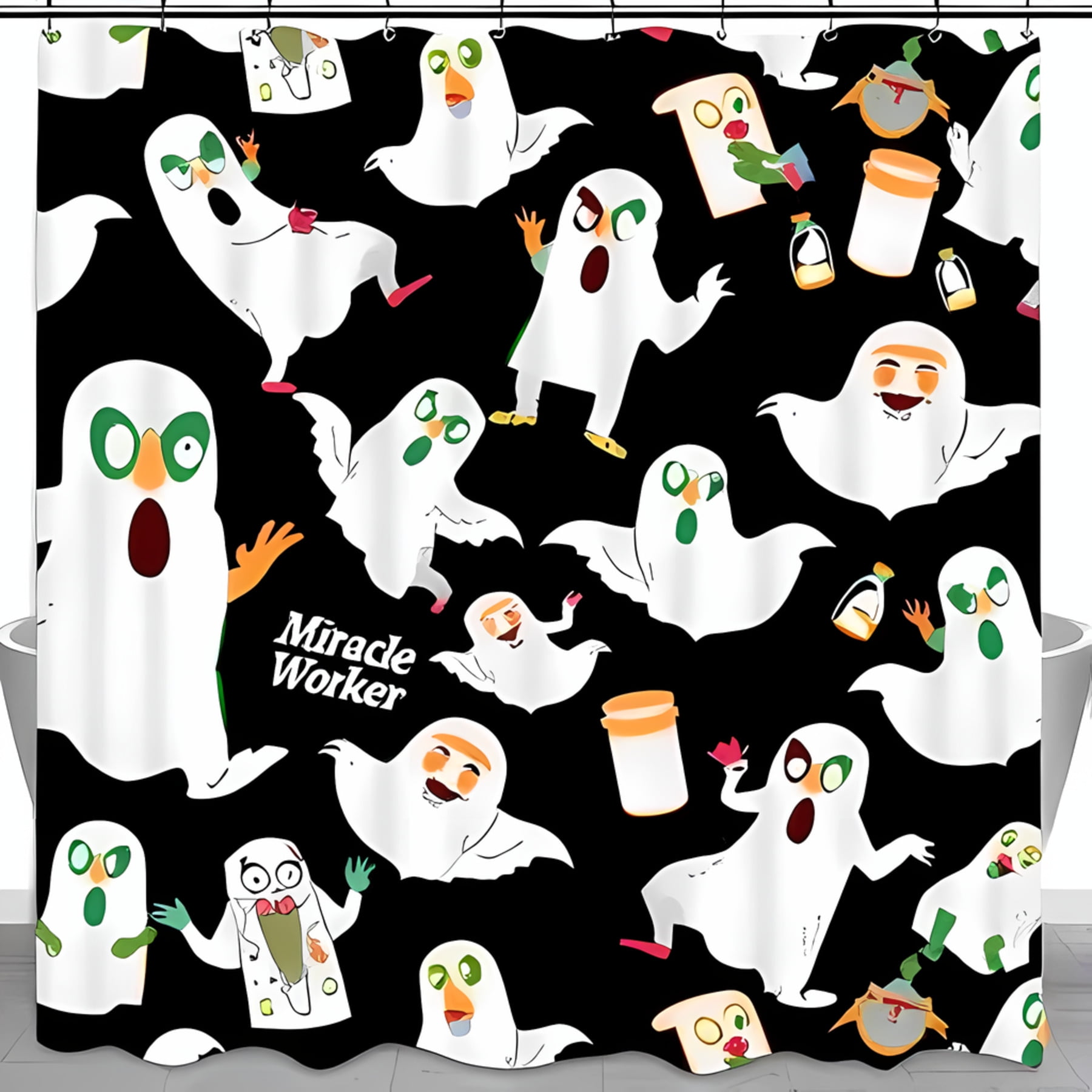 Playful Cartoon Ghosts Shower Curtain - Whimsical Black Background with ...