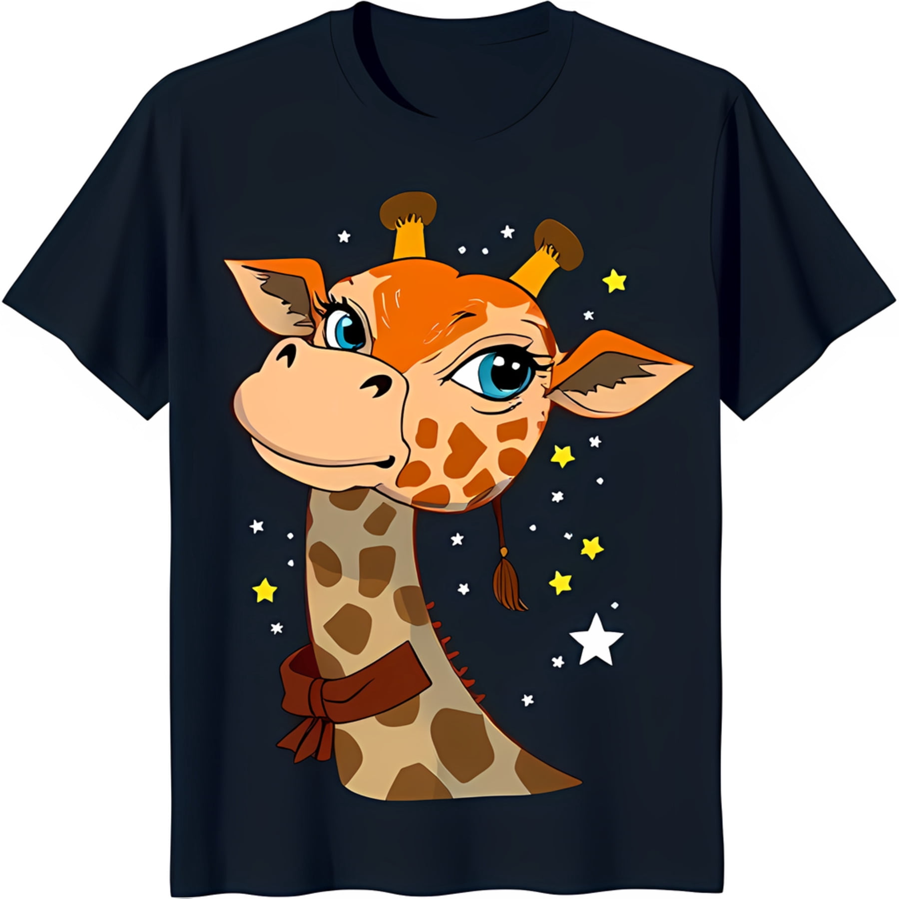 Playful Cartoon Giraffe T-Shirt with Expressive Eyes & Red Bow Stars ...