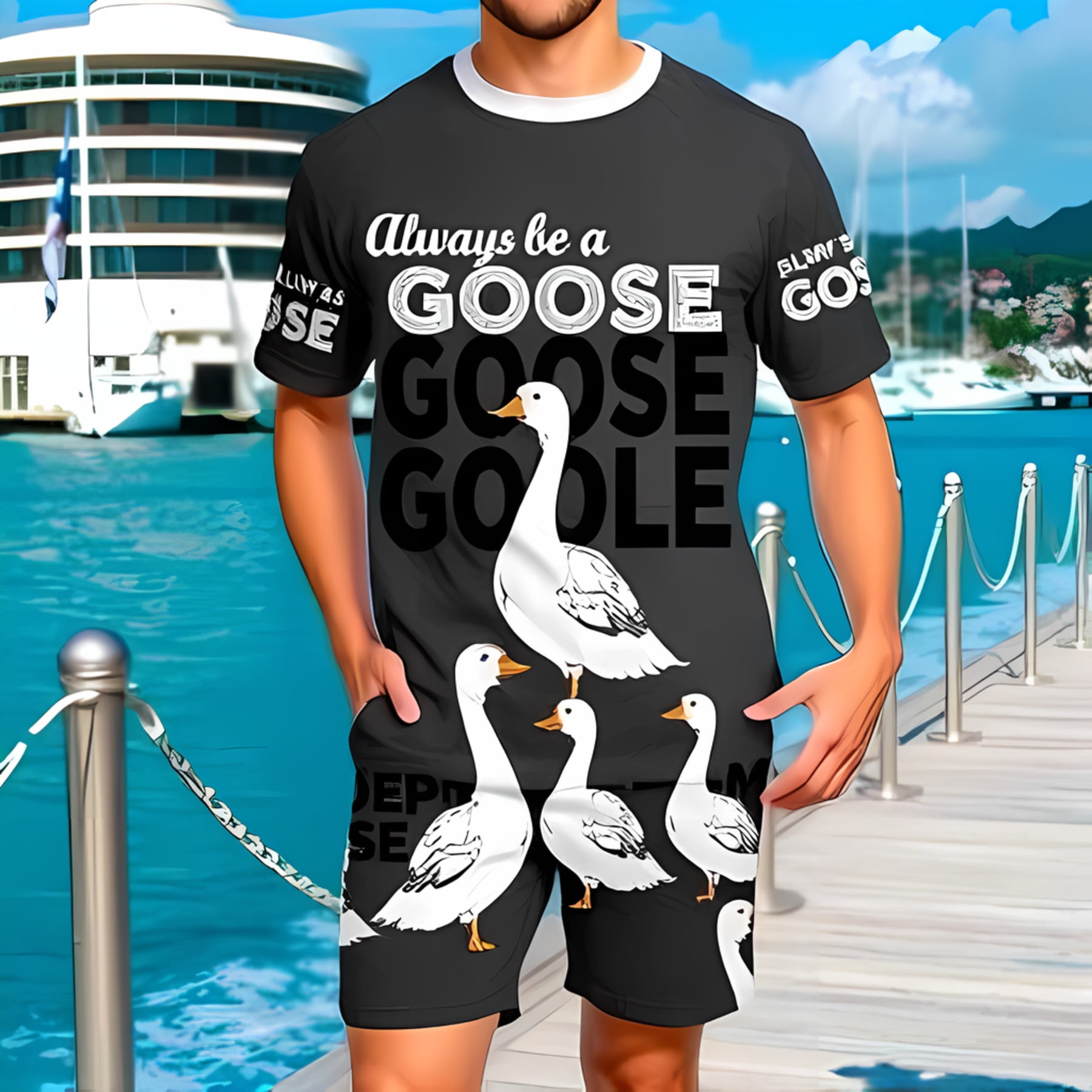 Playful Cartoon Goose T-Shirt and Shorts Set - Whimsical Geese Pattern on Black Background ...
