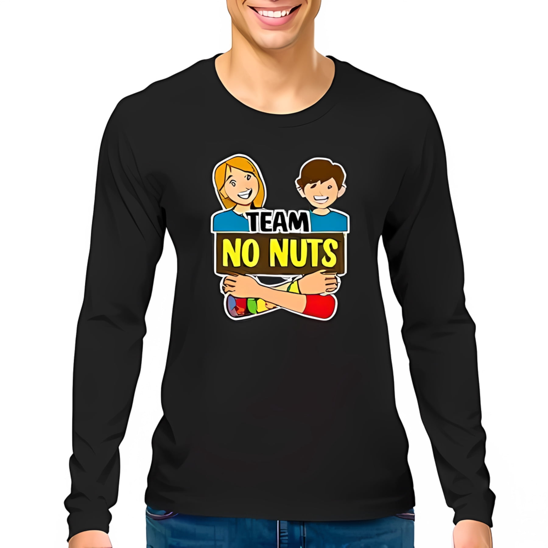 Playful Cartoon Graphic Long Sleeve T-Shirt - " Team No Nuts " Design ...
