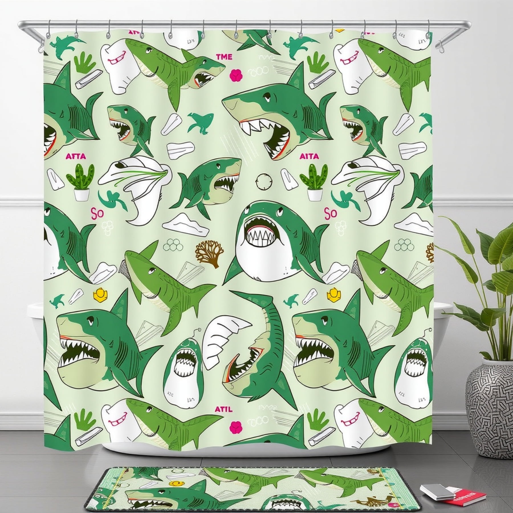 Playful Cartoon Green Sharks Shower Curtain - Fun Bathroom Decor ...