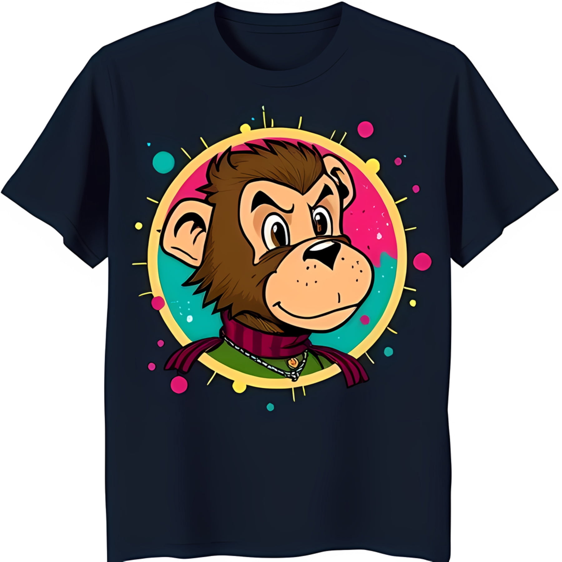 Playful Cartoon Monkey Graphic on Blue T-Shirt with Colorful Splatters ...